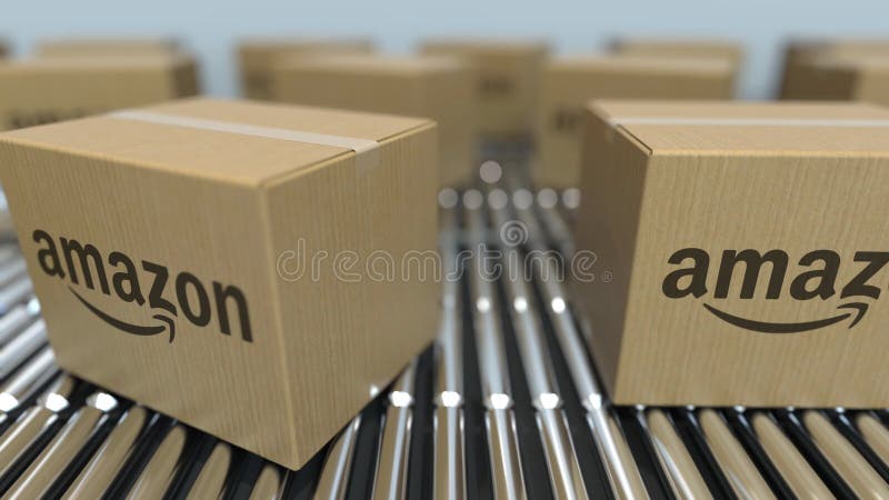 Carton Boxes with Amazon Logo Move on Roller Conveyor. Conceptual ...