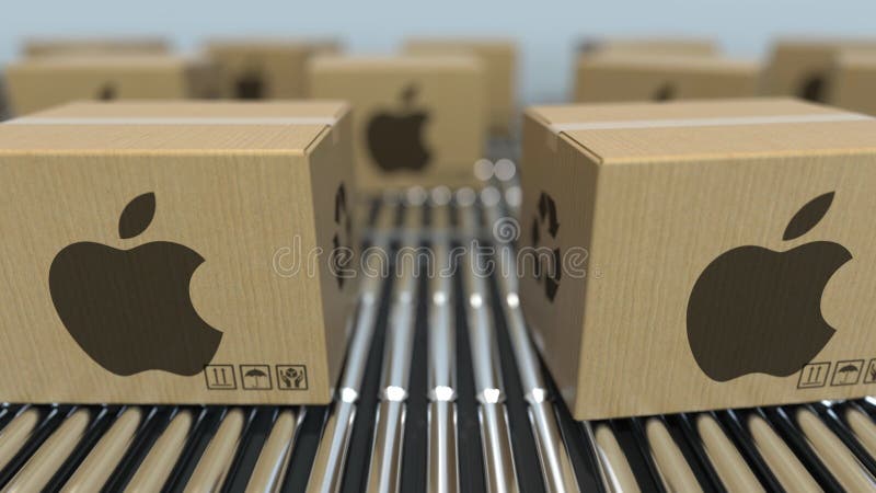 Carton Boxes with APPLE INC Logo Move on Roller Conveyor. Realistic 3D ...