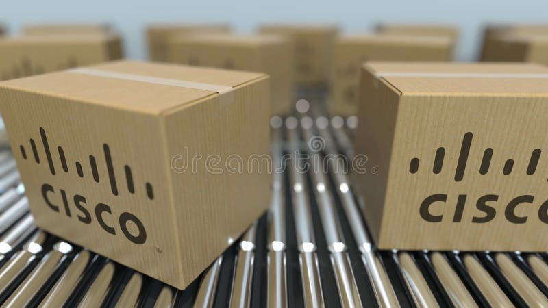 Carton Boxes with Cisco Logo Move on Roller Conveyor. Conceptual ...
