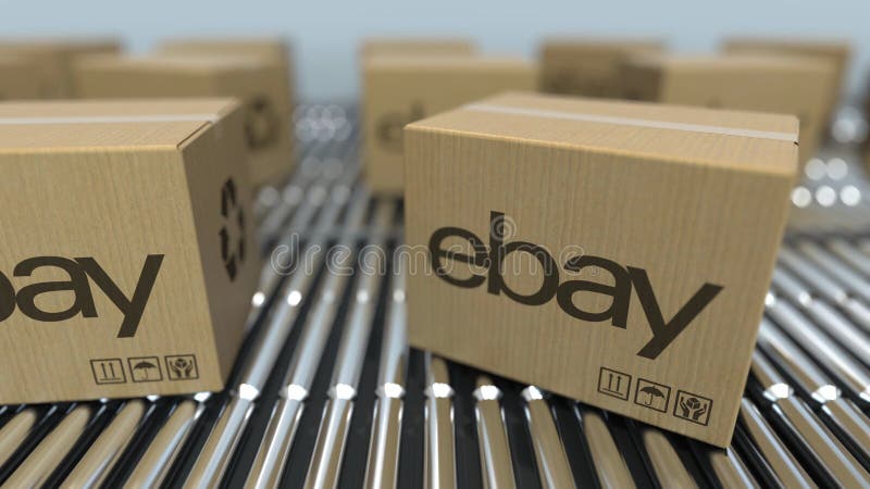 Carton Boxes with EBAY Logo Move on Roller Conveyor. Realistic 3D ...