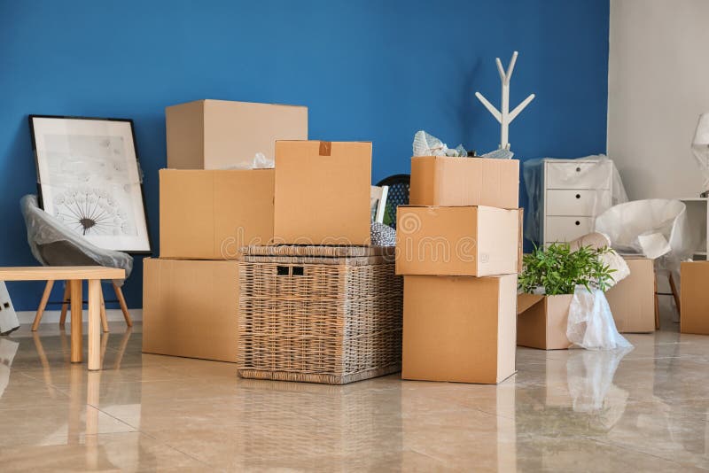 Carton Boxes and Interior Items on Floor in Room. Moving House Concept ...
