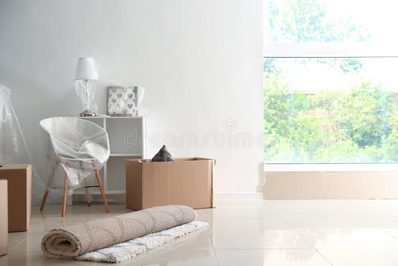 Carton Boxes and Interior Items on Floor in Room. Moving House Concept ...