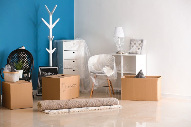 Carton Boxes and Interior Items on Floor in Room. Moving House Concept ...