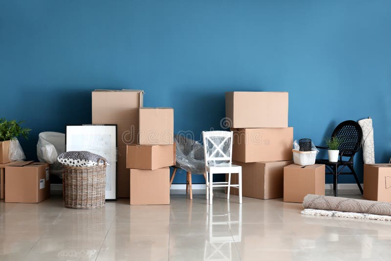 Carton Boxes and Interior Items on Floor in Room. Moving House Concept ...