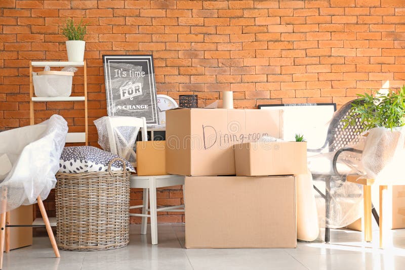 Carton Boxes and Interior Items in Room. Moving House Concept Stock ...