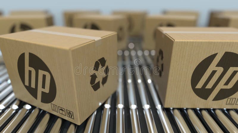 Carton Boxes with HP Logo Move on Roller Conveyor. Editorial Loopable ...