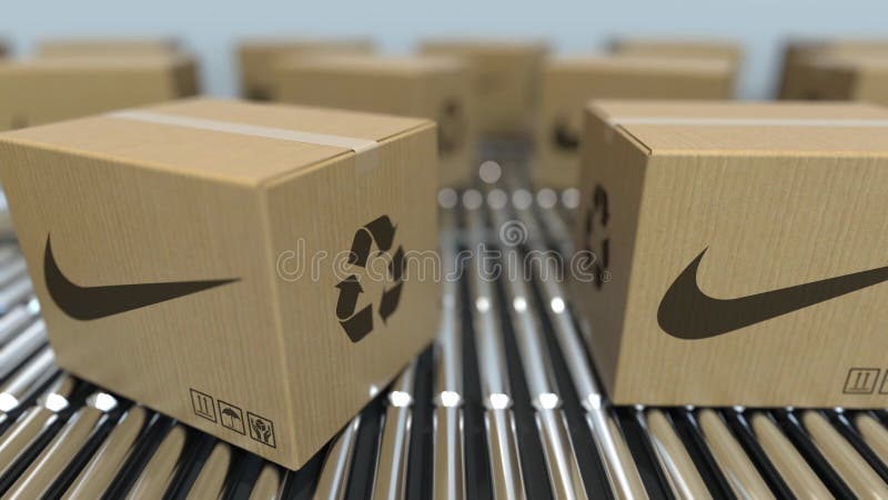 Carton Boxes with Nike Logo Move on Roller Conveyor. Editorial Loopable ...