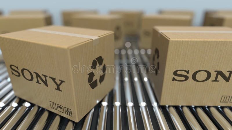 Carton Boxes with Sony Logo Move on Roller Conveyor. Editorial Loopable ...