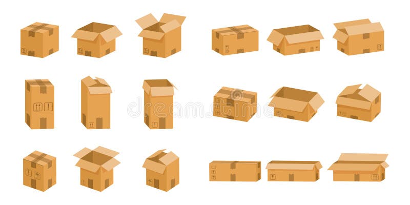 Carton Boxes. Open and Closed Cardboard Objects Stock Vector ...