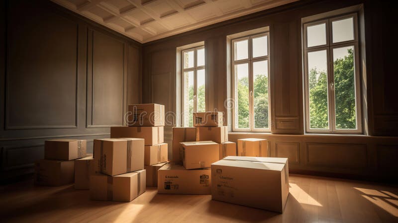 Carton Boxes with Stuff in Empty Room. Office Move Concept, AI ...