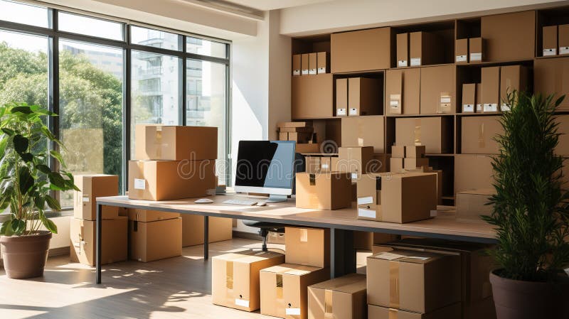 Carton Boxes with Stuff in Room. Office Move Concept Stock Image ...
