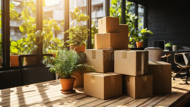 Carton Boxes with Stuff in Room. Office Move Concept Stock Photo ...