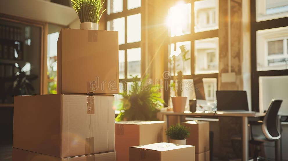 Carton Boxes with Stuff in Room. Office Move Concept Stock Photo ...