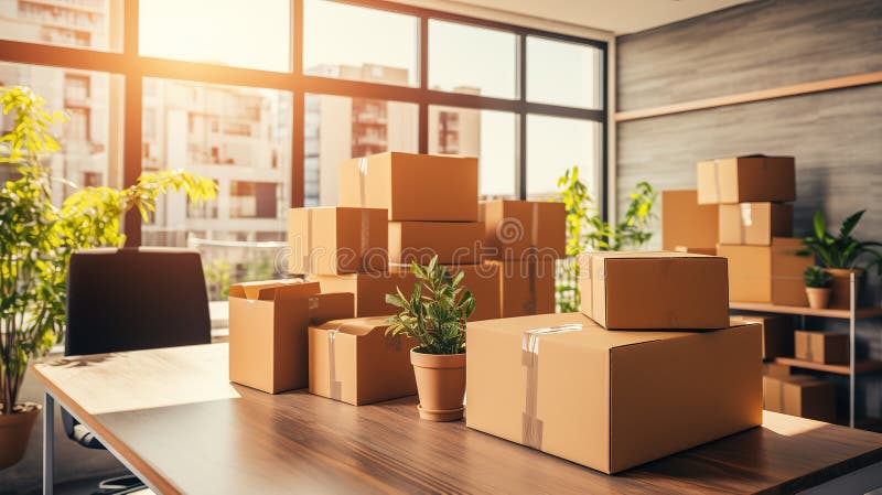 Carton Boxes with Stuff in Room. Office Move Concept Stock Photo ...