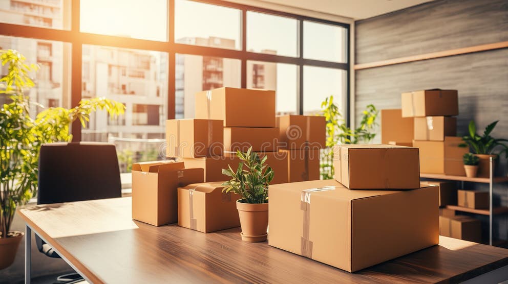 Carton Boxes with Stuff in Room. Office Move Concept Stock Photo ...