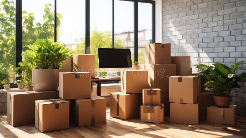 Carton Boxes with Stuff in Room. Office Move Concept Stock Image ...