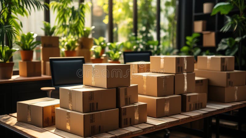 Carton Boxes with Stuff in Room. Office Move Concept Stock Photo ...