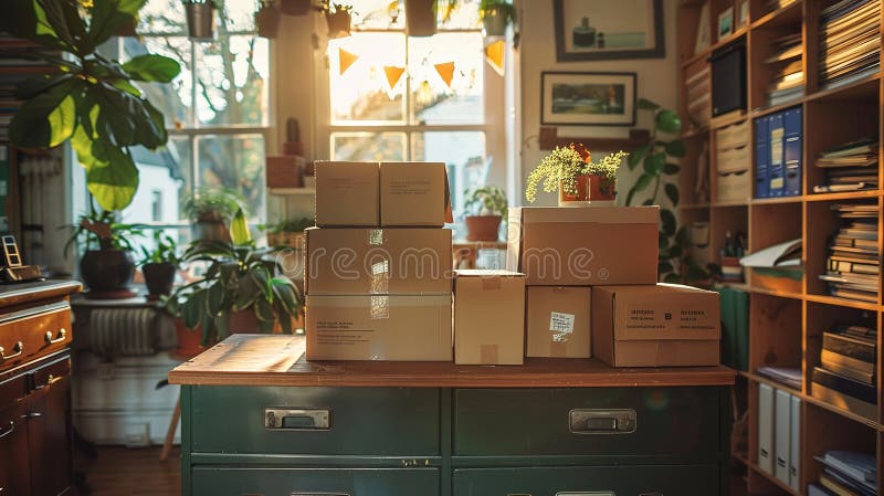 Carton Boxes with Stuff in Room. Office Move Concept Stock Photo ...