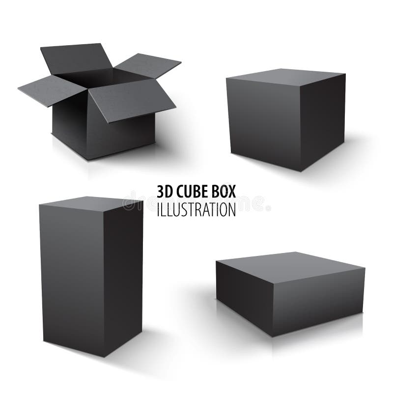 Carton Packaging 3d Black Box and Cube Set. Set of Open Cardboard Boxes ...