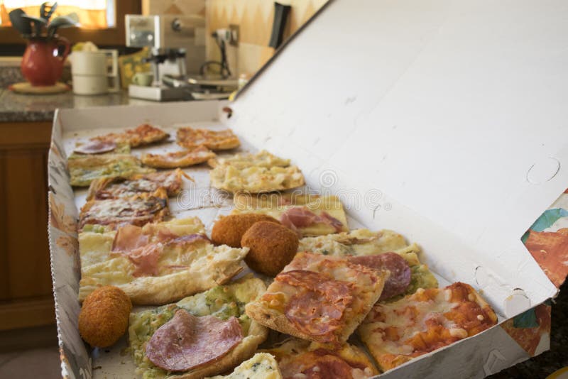 Carton of Pizza Take Away with Arancine Stock Image - Image of pizza ...