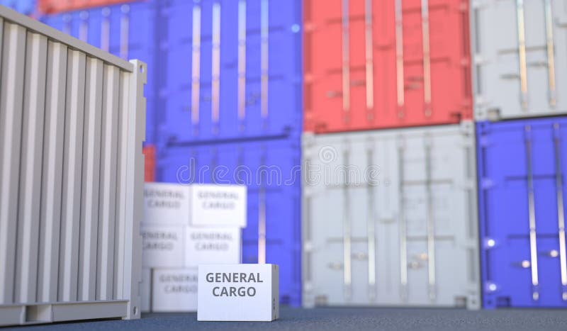 Box with PRODUCT of GENERAL CARGO Text and Cargo Containers. 3D ...