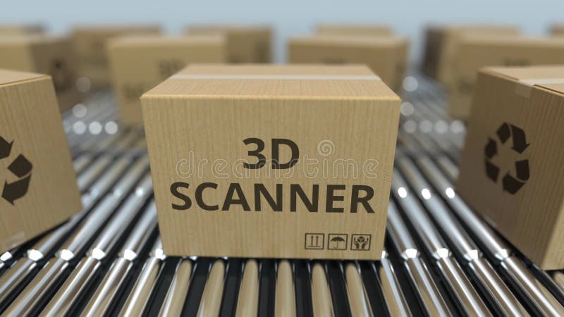 Cartons with 3D Scanners on Roller Conveyors. 3D Rendering Stock ...