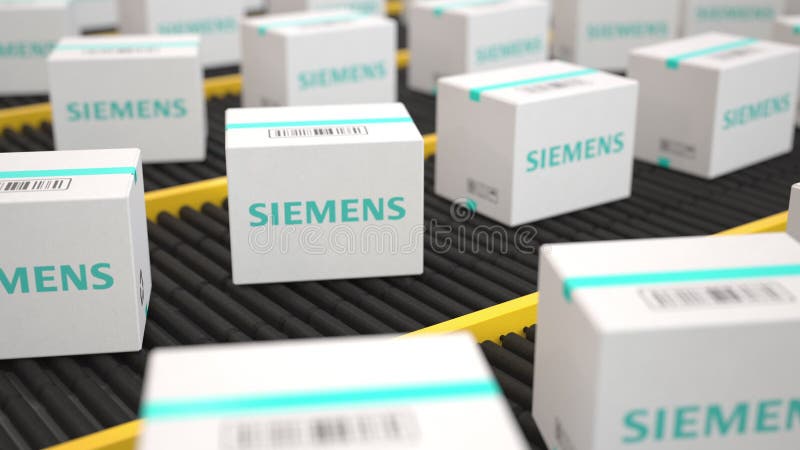 Logo of Siemens on the White Boxes on the Conveyor. Editorial Loopable ...