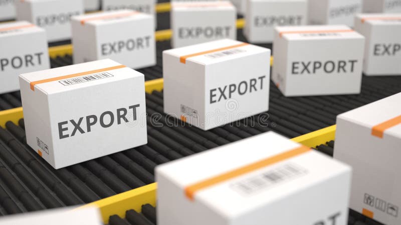 EXPORT Text on White Boxes on the Industrial Conveyor. 3D Rendering ...