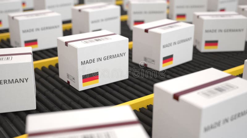 MADE in GERMANY Text on White Boxes on the Industrial Conveyor. 3D ...