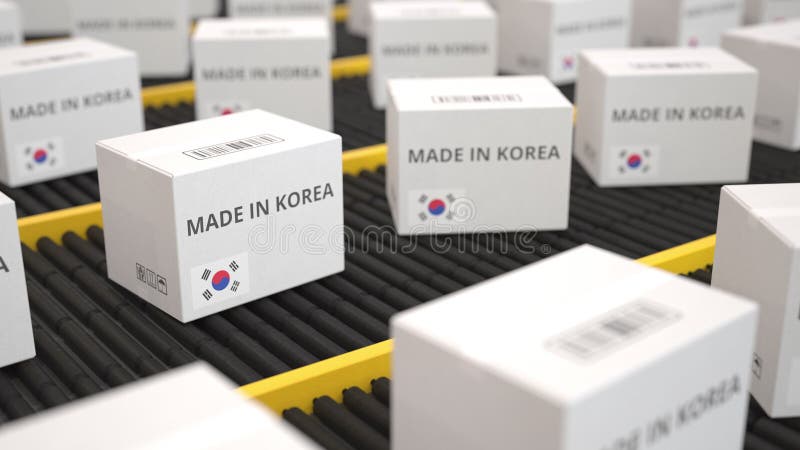 MADE in KOREA Text on White Boxes on the Industrial Conveyor. 3D ...