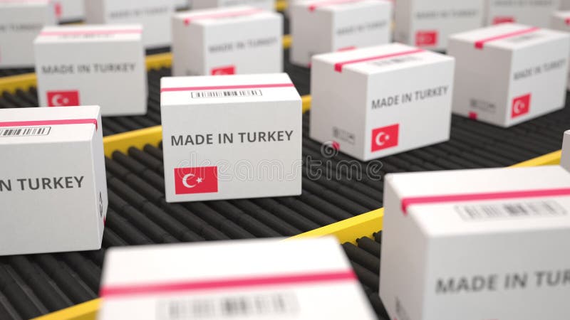 MADE in TURKEY Text on White Cartons Moving Along the Conveyor ...