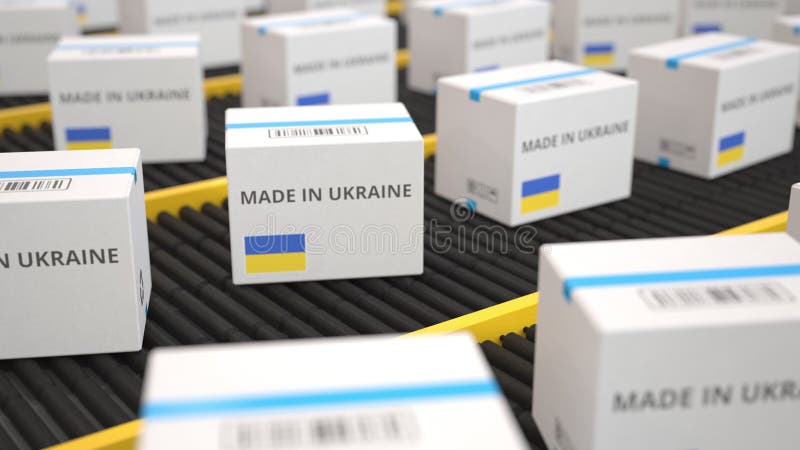 MADE in UKRAINE Text on White Boxes on the Industrial Conveyor ...