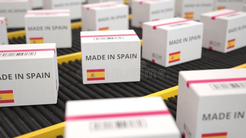 White Boxes with MADE in SPAIN Text on Conveyor. 3D Rendering Stock ...