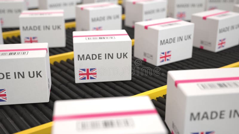 White Boxes with MADE in UK Text on Conveyor. 3D Rendering Stock ...