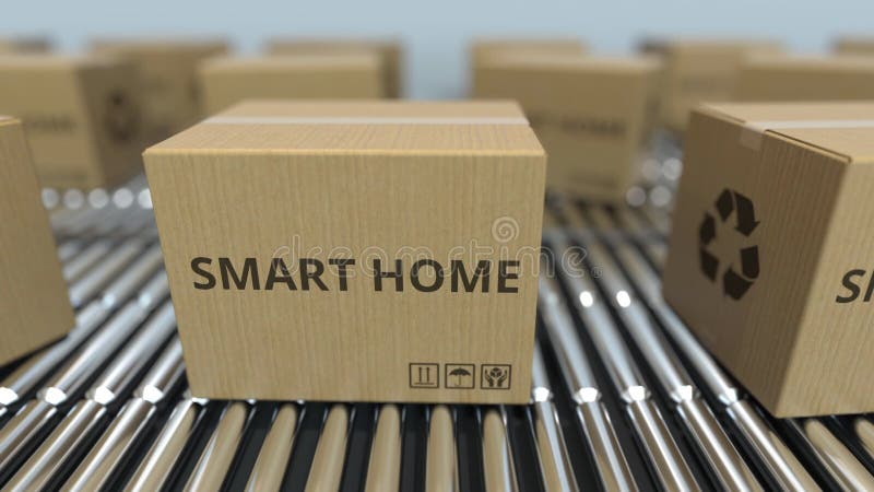 Cartons with Smart Home Devices on Roller Conveyors. 3D Rendering Stock ...