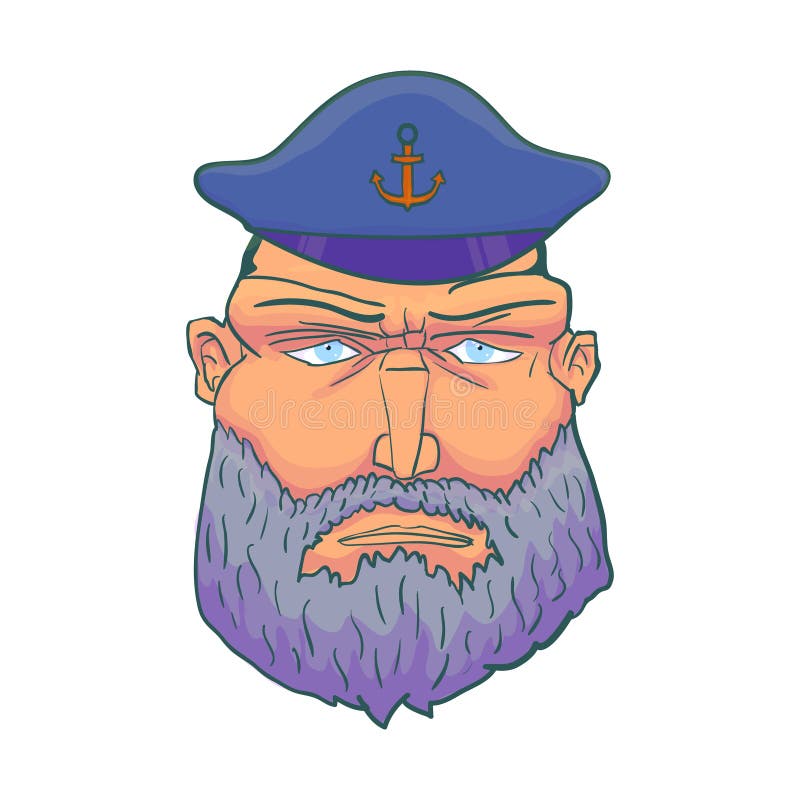 Cartoon Captain Sailor Face with Beard, Cap and Smoking Pipe. Vector ...