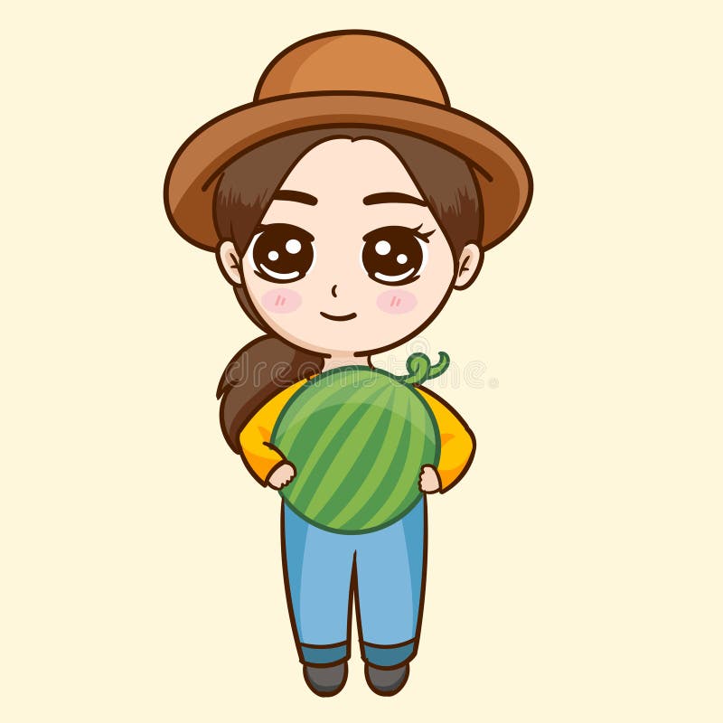 Cartoon of a Woman Holding a Watermelon with a Hat Stock Illustration ...