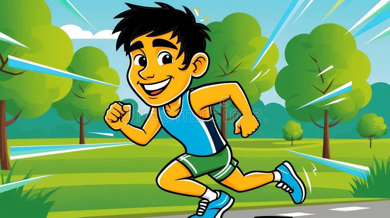 Cartoon Active Young Man Jogging in the Park in Summer, Flat Design ...