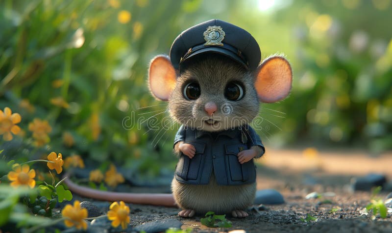 A Cartoon Adorable Little Mouse in a Police Uniform Standing on a Path ...