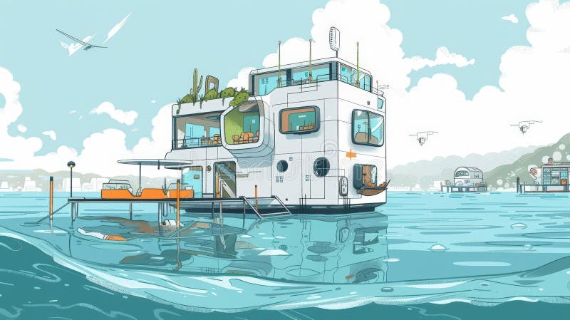 Cartoon of an AIdriven Floating Resort in the Middle of the Ocean Stock ...
