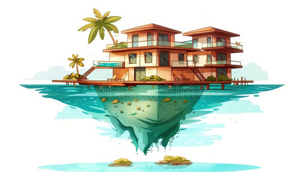 Cartoon of an AIdriven Floating Resort in the Middle of the Ocean Stock ...