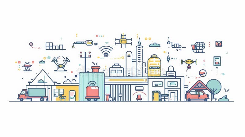 Cartoon of an AIdriven Logistics Hub with Robots and Drones Stock ...