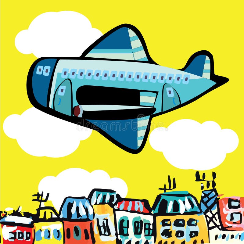 Cartoon Airplane Flying Over the City Stock Vector - Illustration of ...