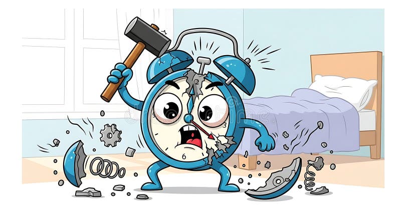 Cartoon Alarm Clock Being Smashed with Hammer Stock Illustration ...