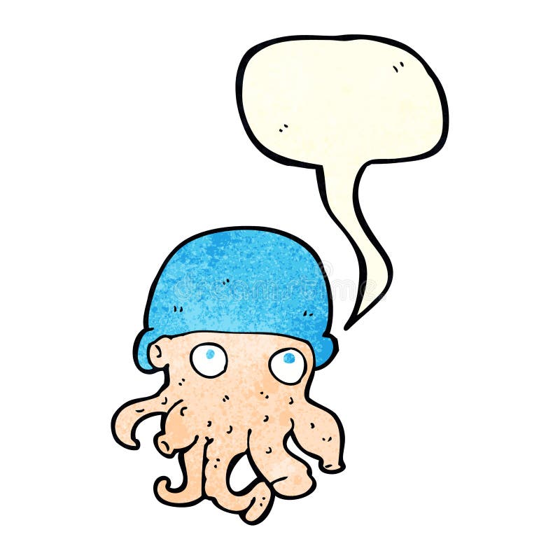 Cartoon Alien Head Wearing Hat with Speech Bubble Stock Illustration ...
