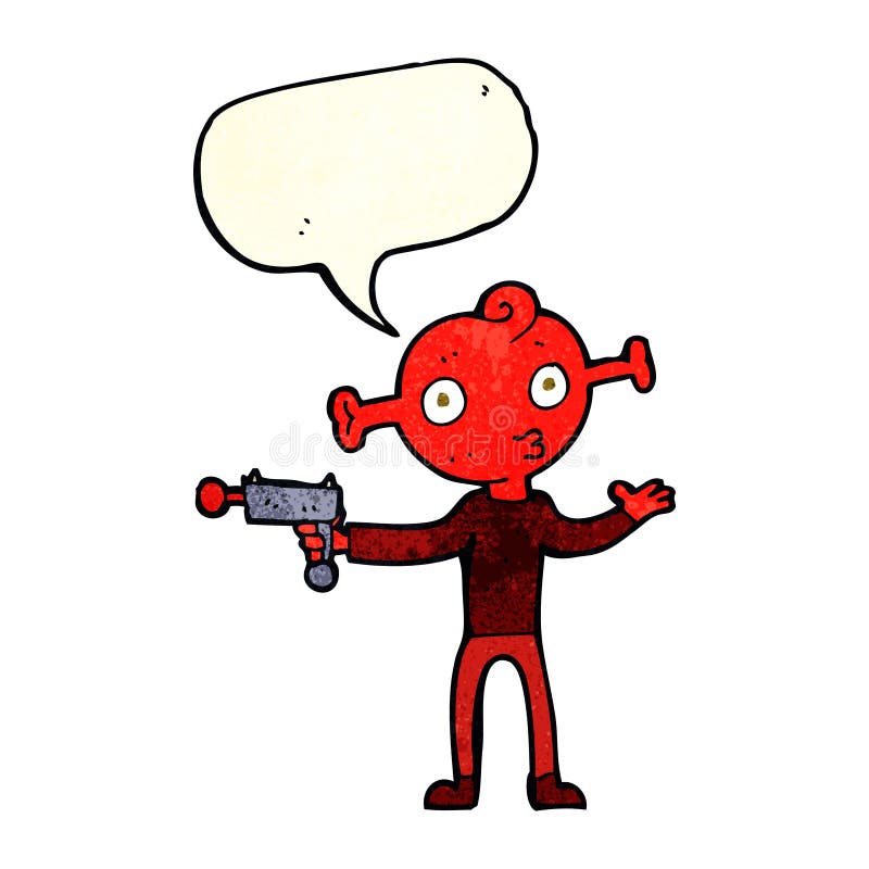 Cartoon Alien with Ray Gun with Speech Bubble Stock Illustration ...