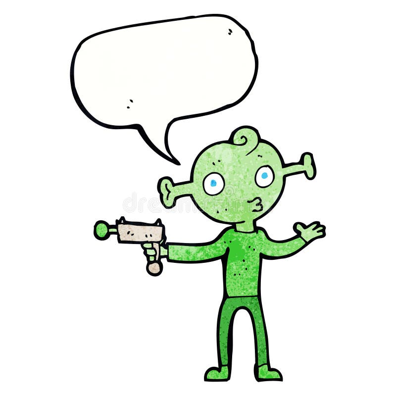 Cartoon Alien with Ray Gun with Speech Bubble Stock Illustration ...