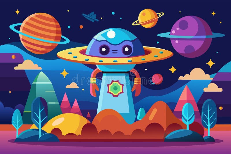 A Cartoon Alien Stands beside a Spaceship Flying in the Sky, Alien ...
