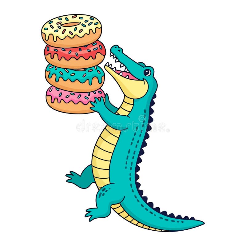 Cartoon Alligator with Stack of Donuts Stock Illustration ...