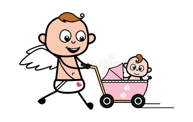 Cartoon Angel with Baby Stroller Stock Illustration - Illustration of ...